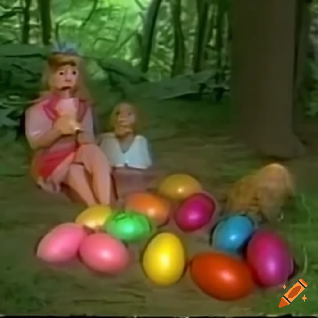 Colorful giant eggs in a forest