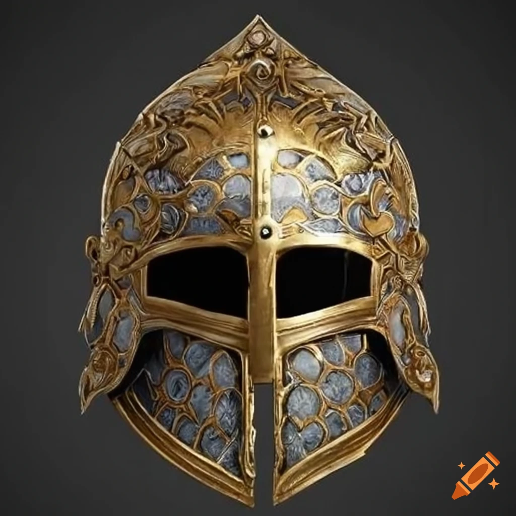 Symmetrical gilded steel helmet on Craiyon