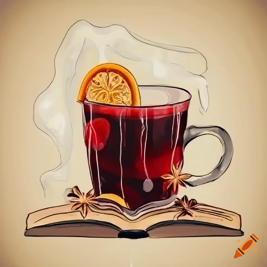 Vintage drawing of a steaming cup of mulled wine on an opened book on ...
