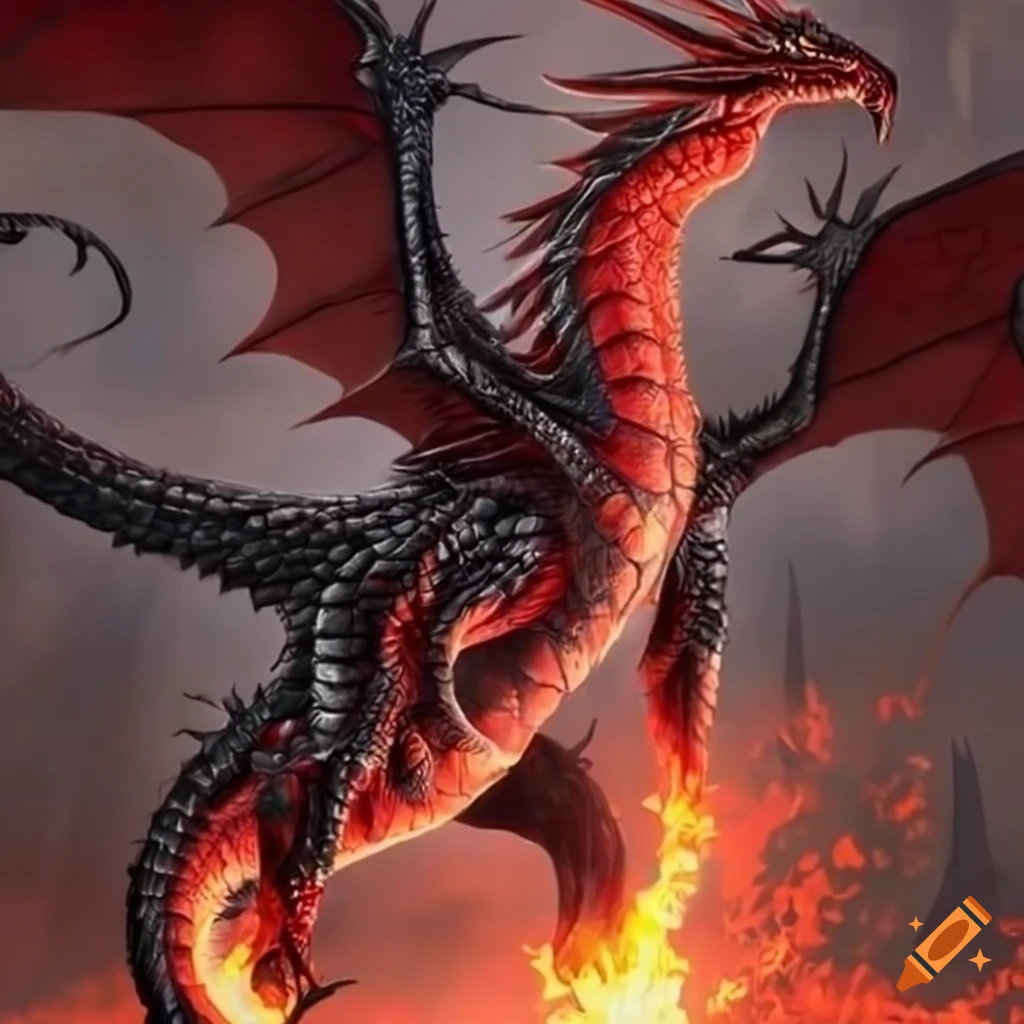 Artistic depiction of a powerful red and black dragon on Craiyon