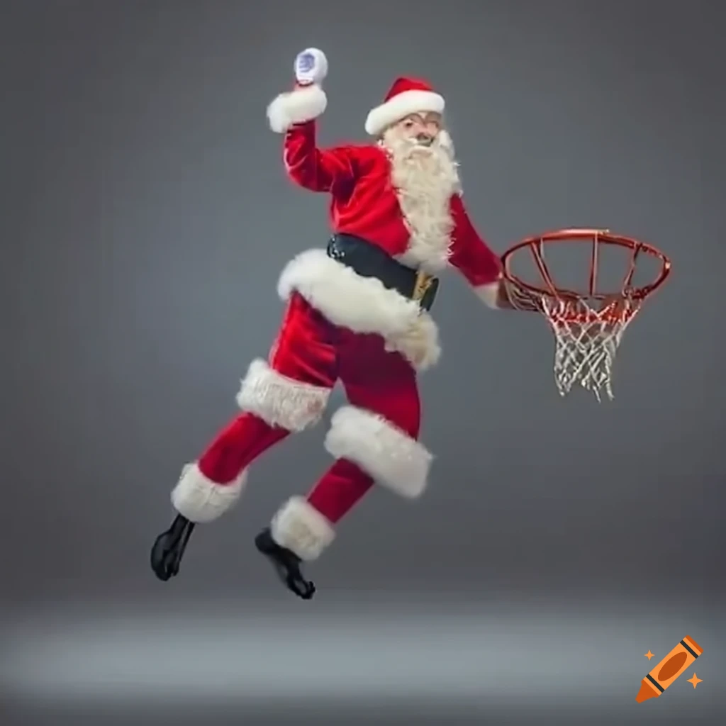 Santa claus slam dunking a basketball