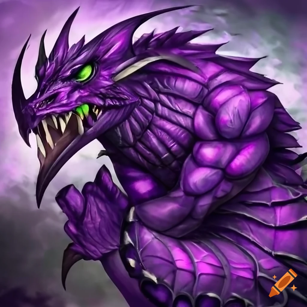 Illustration of a muscular purple dragon with sharp teeth on Craiyon