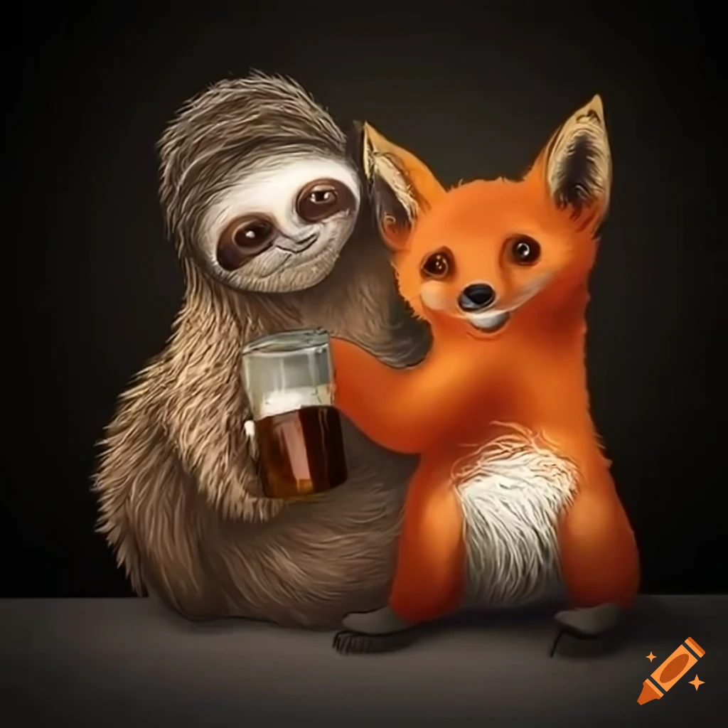 Sloth and fox enjoying a drink together on Craiyon