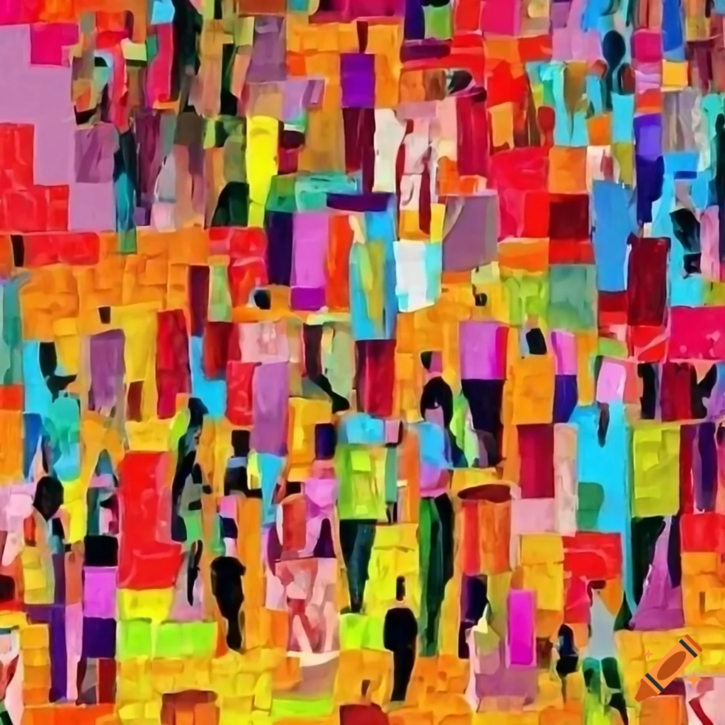 Cubist mosaic painting of a crowd inside a maze
