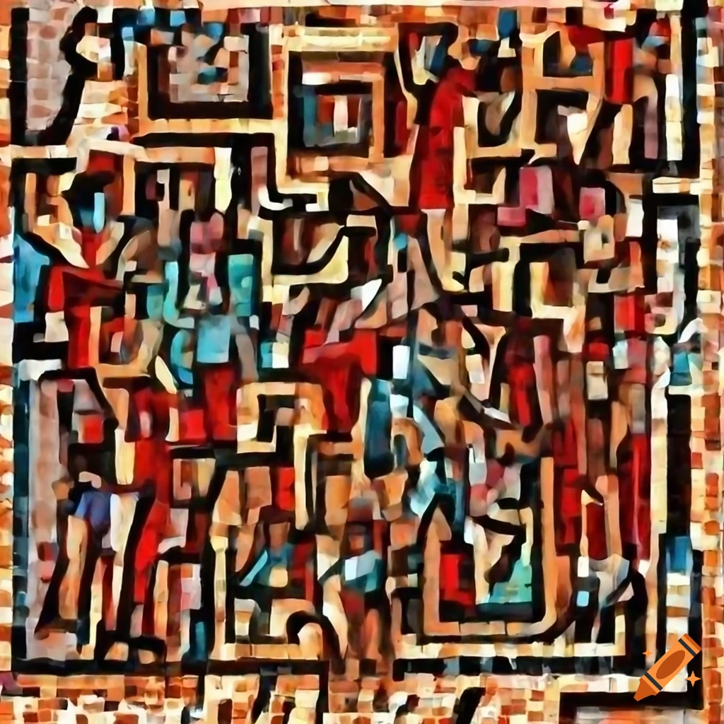 Cubist mosaic painting of a crowd inside a maze