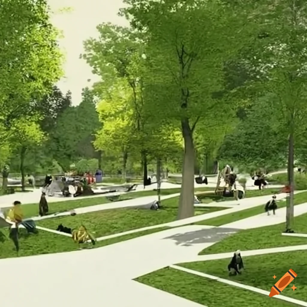 Urban park design with green spaces and recreational areas