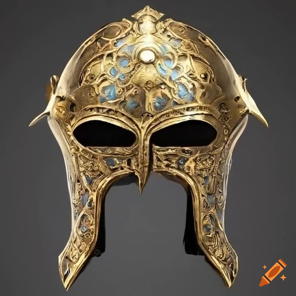 Intricate gilded steel helmet with symmetrical design on Craiyon