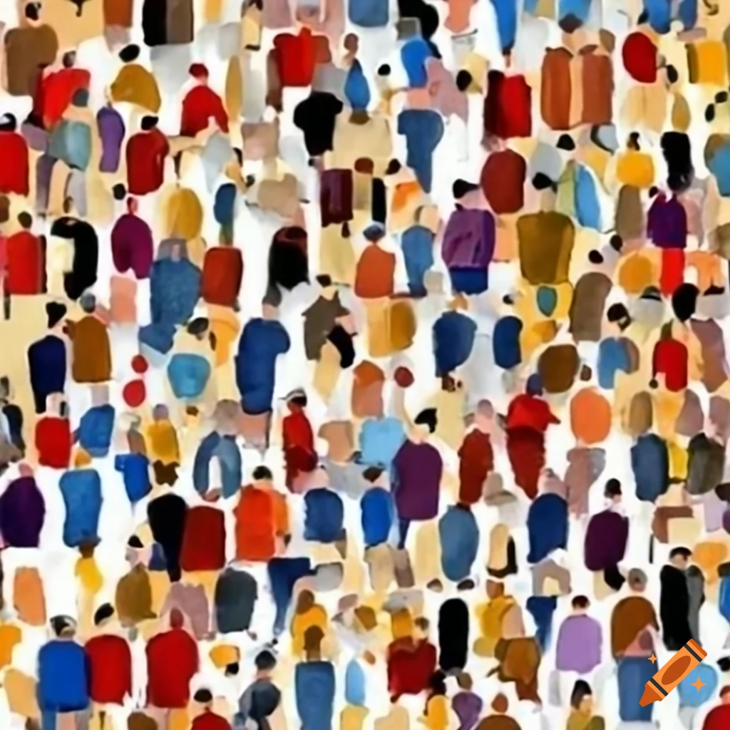 Cubist mosaic painting of crowd people in a maze on Craiyon