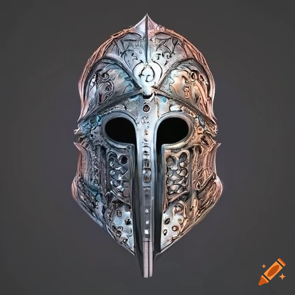 Intricate steel helmet with symmetrical design