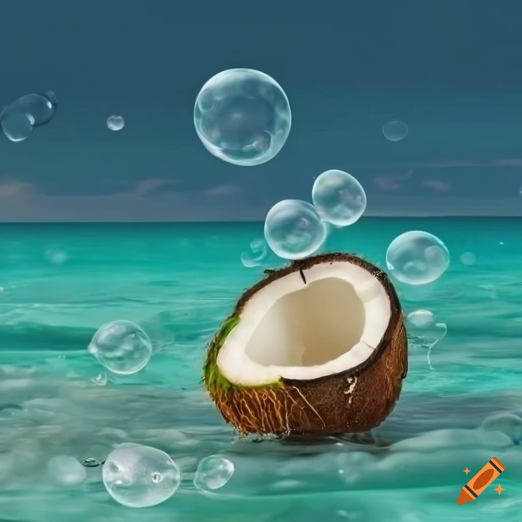 Coconut floating on a bubble-filled sea