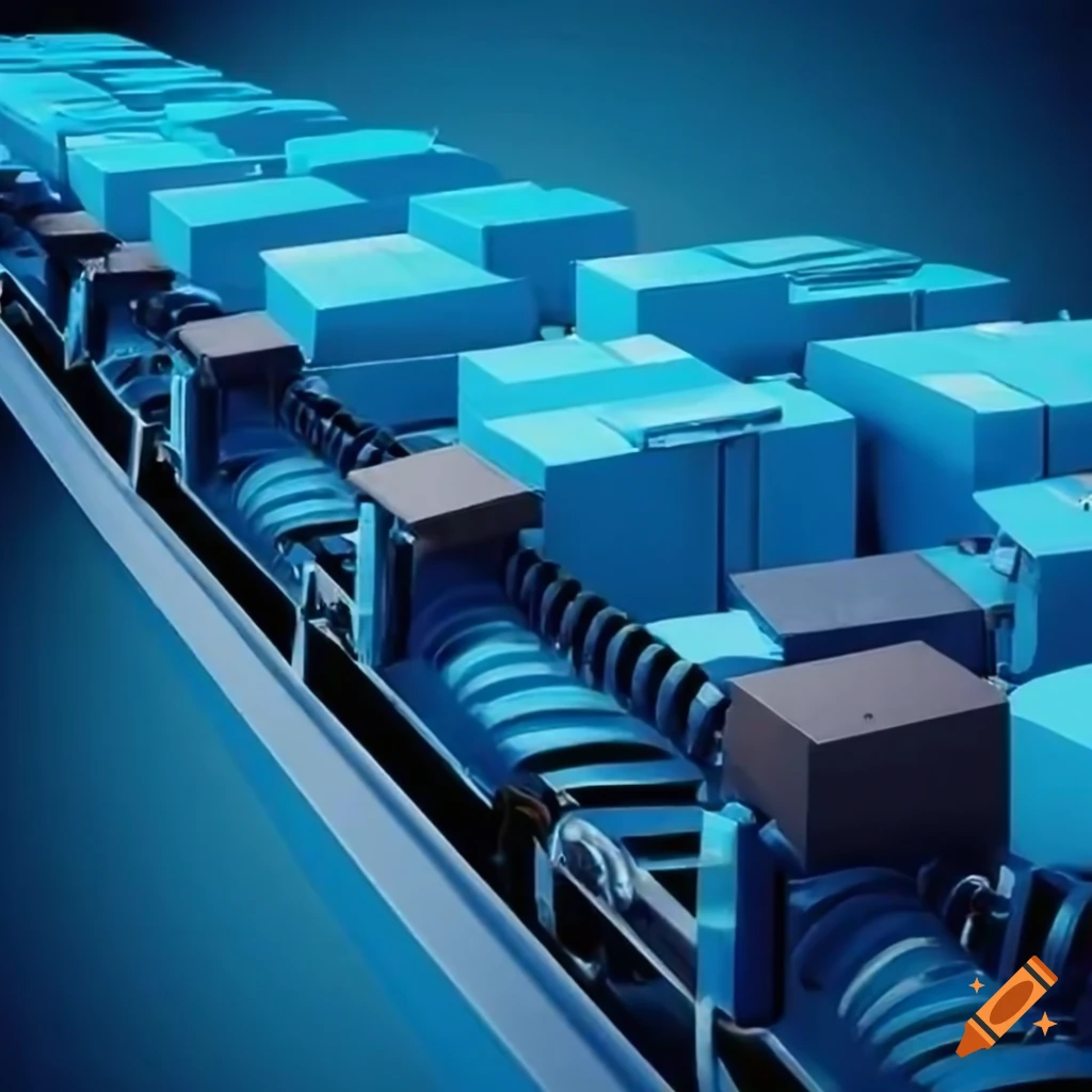 Blue conveyor belt with packages of various sizes