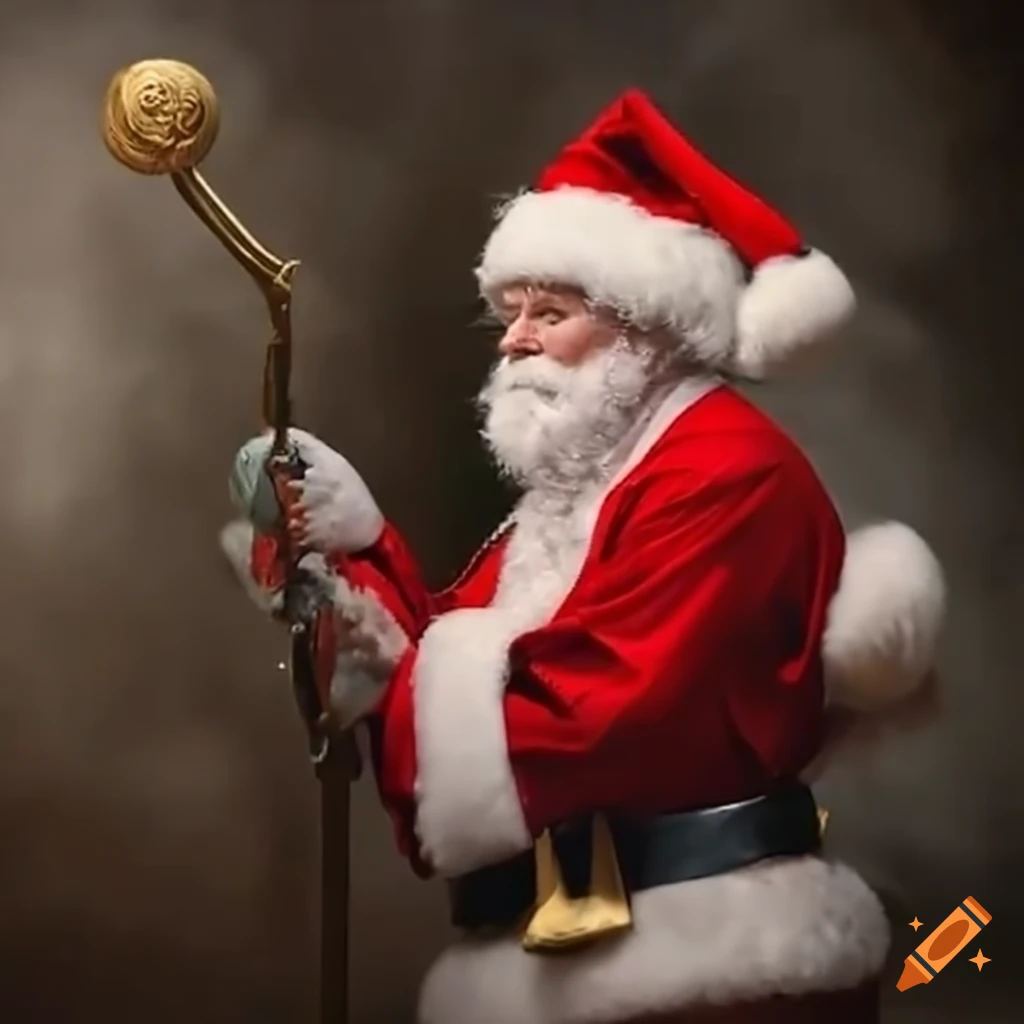 Santa claus winning a race with his elves