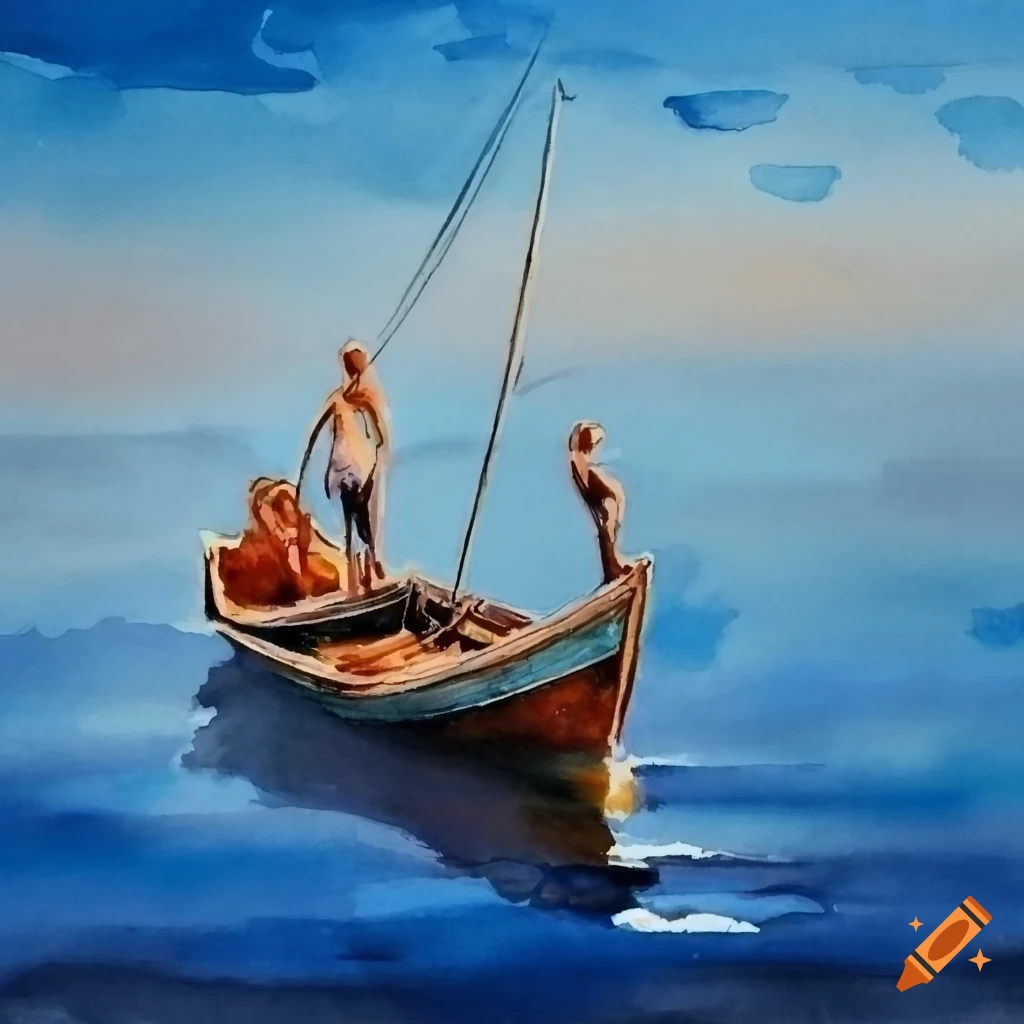 Aquarelle painting of a crowded boat