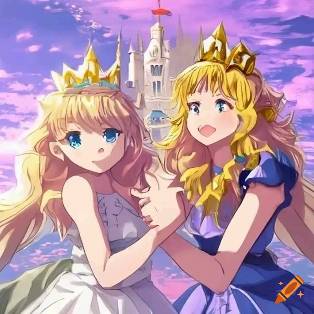 Anime princesses standing in front of a castle