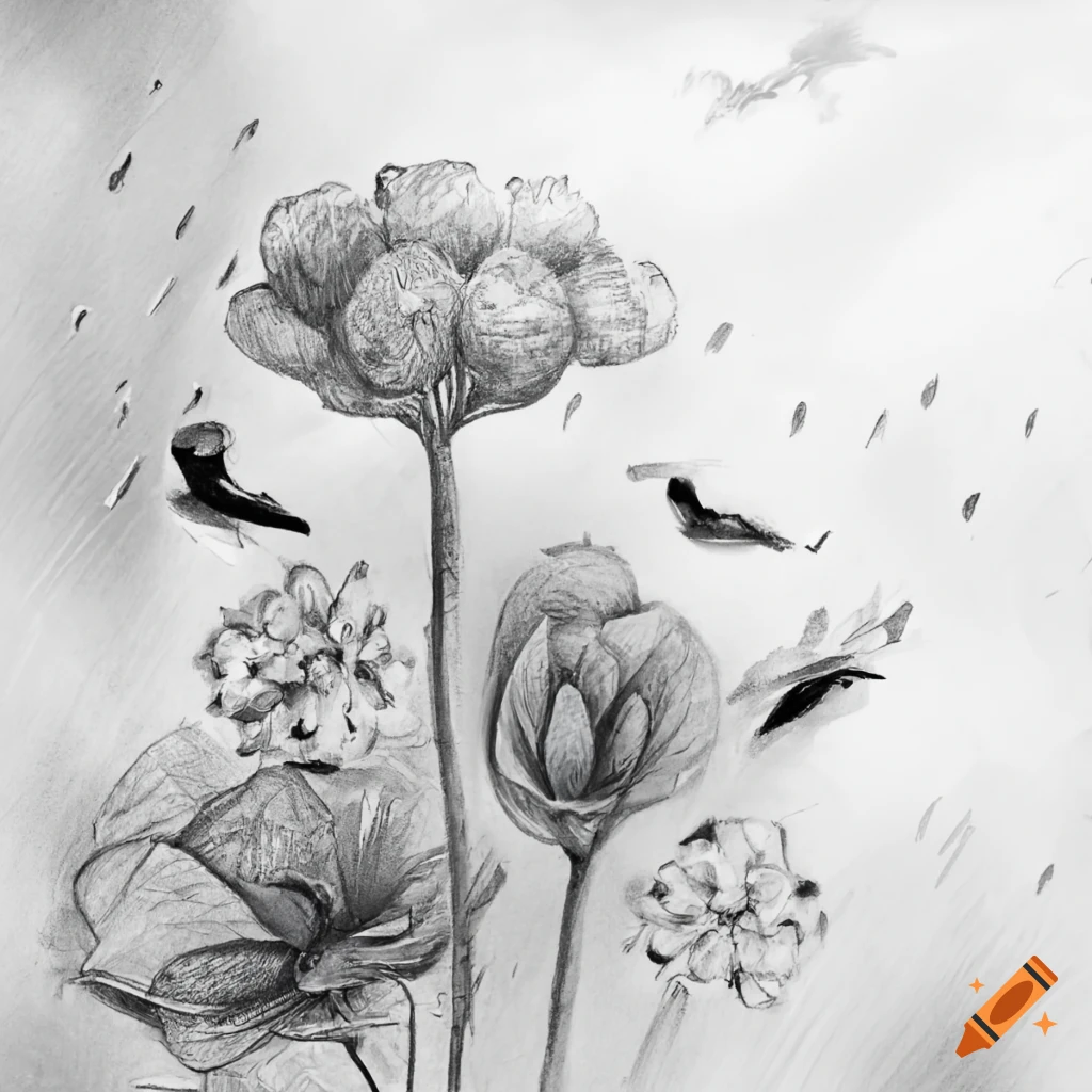 Colorful flowers in the rain with birds in the sky on Craiyon