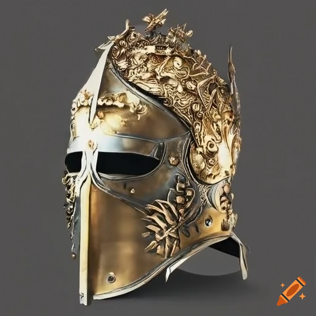 Intricate mythic gilded steel helmet on Craiyon