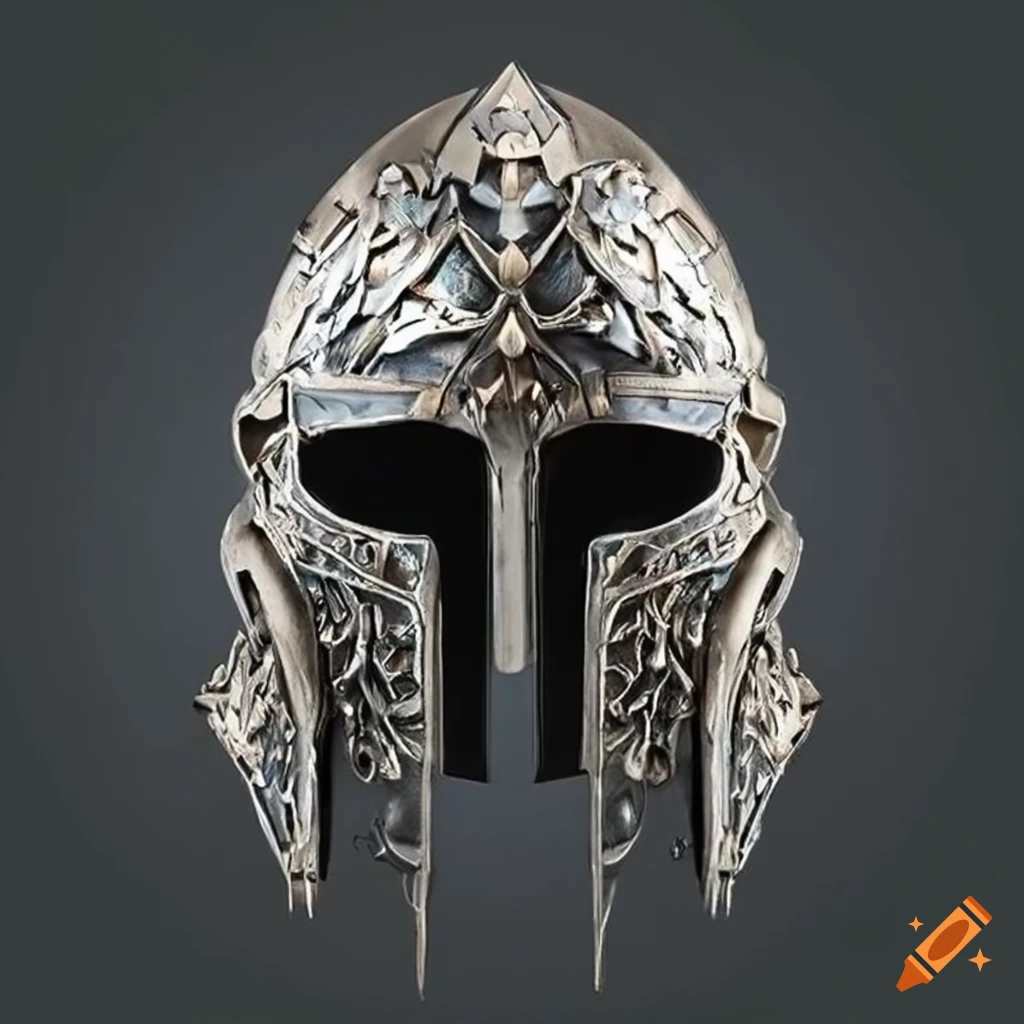 Intricate steel helmet with symmetrical design