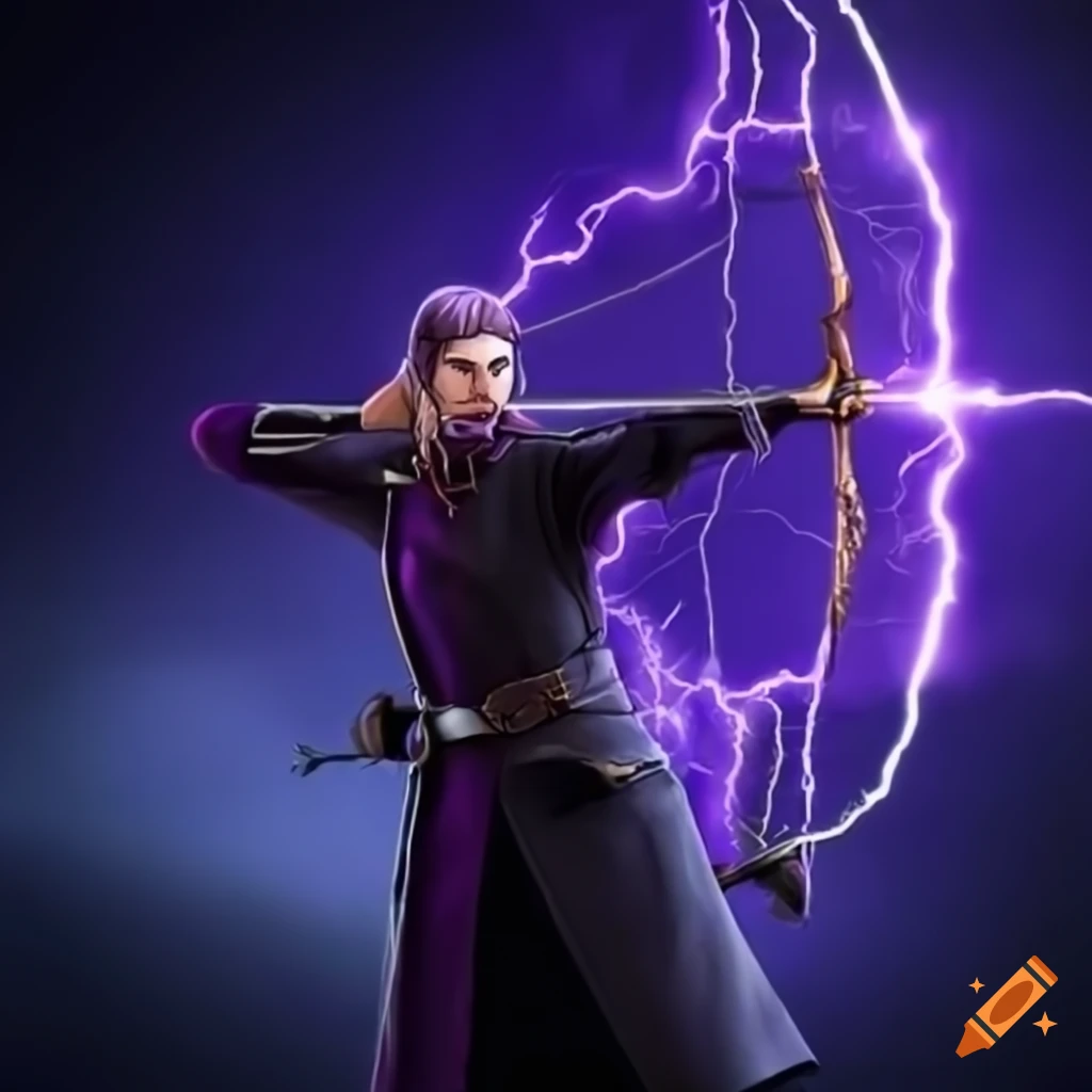 Artwork of a purple-haired archer shooting lightning arrows on Craiyon