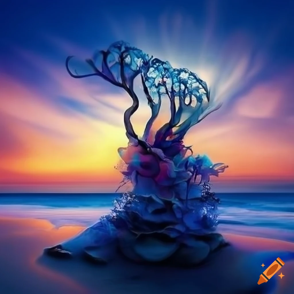 Surreal beach with crazy seashells, waves, and fantastic clouds on Craiyon