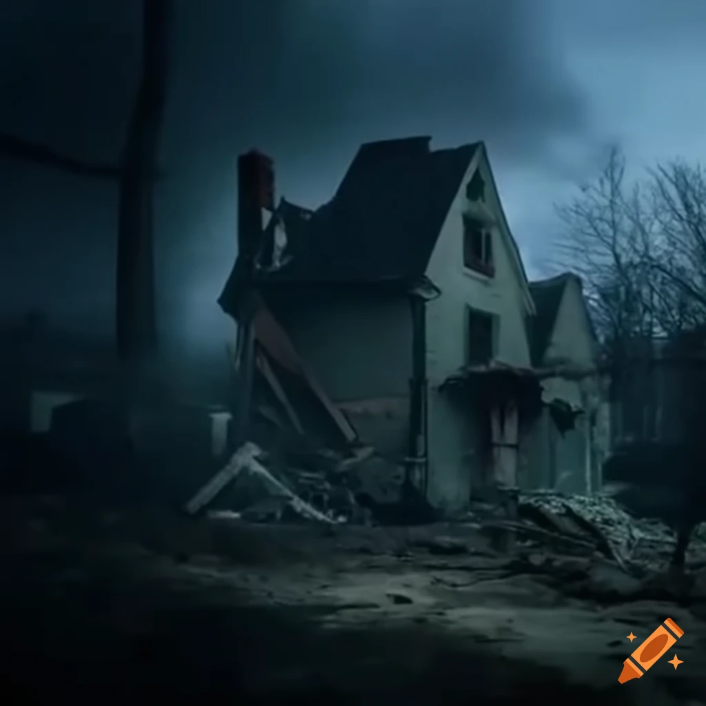 Image of a collapsing house with a man running away on Craiyon