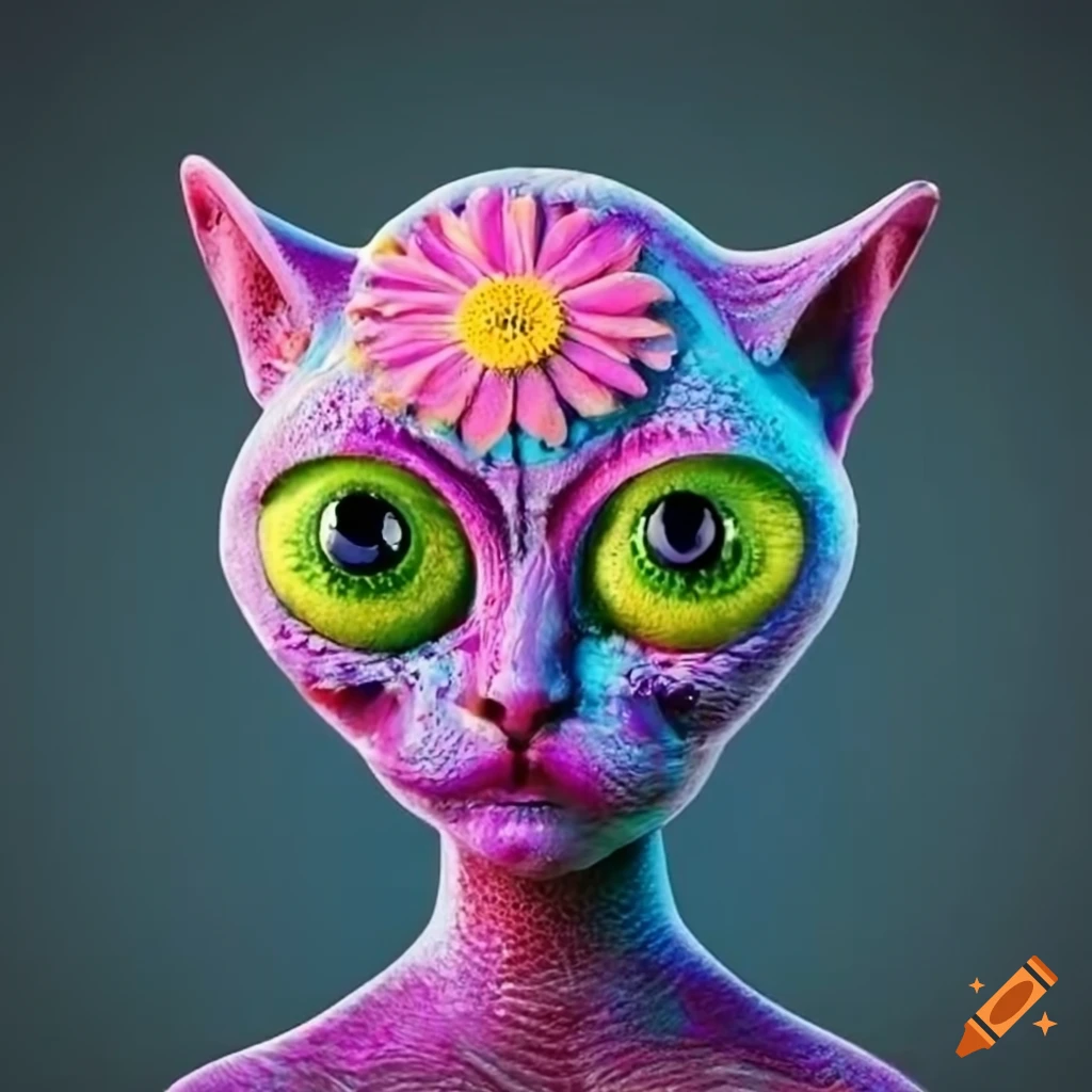 Colorful alien cat with daisy-shaped head on Craiyon