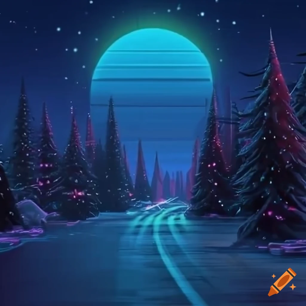 Synthwave art of a road at christmas time