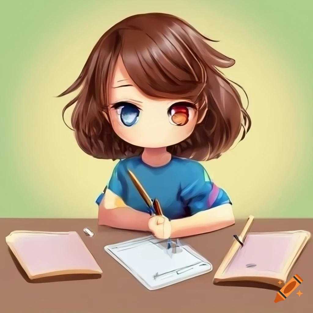 Chibi woman writing on a desk