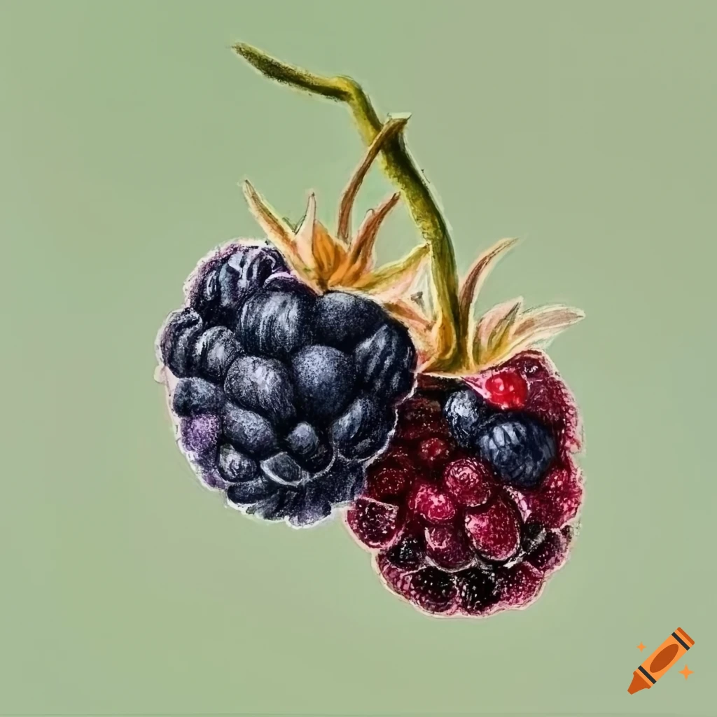 Colored pencil drawing of black raspberries on branch on Craiyon