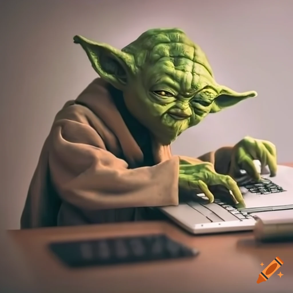 Yoda using a laptop on Craiyon