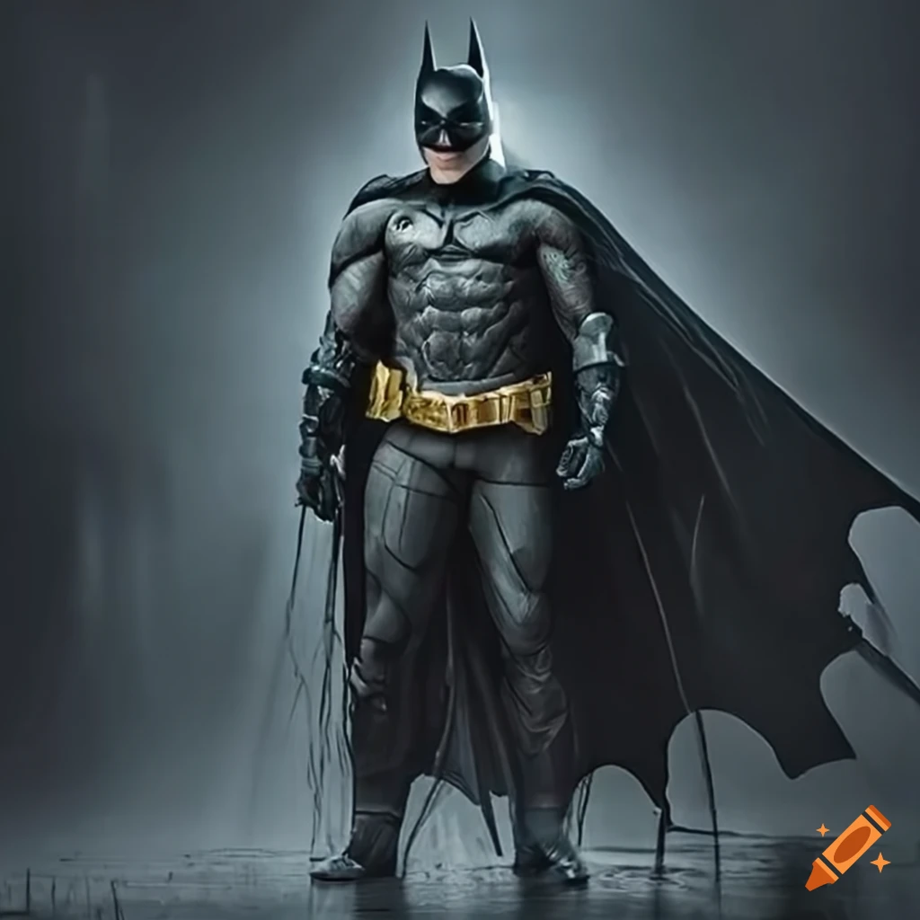 Batman standing tall in the rain in gotham city on Craiyon