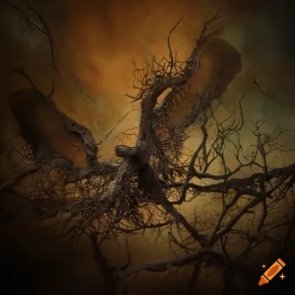 Detailed painting of a distorted figure caught in a web of branches on ...