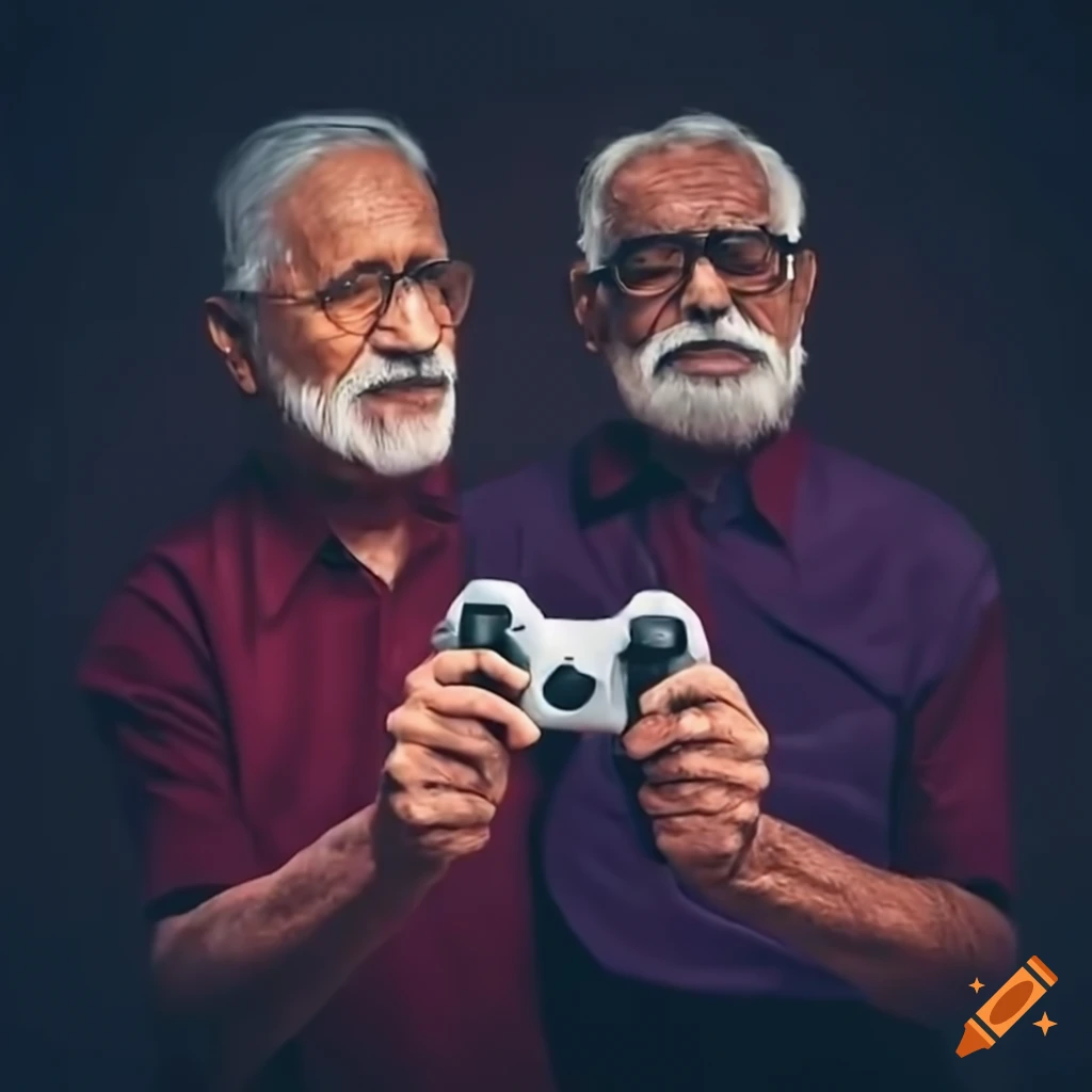 Group of elderly men playing video games
