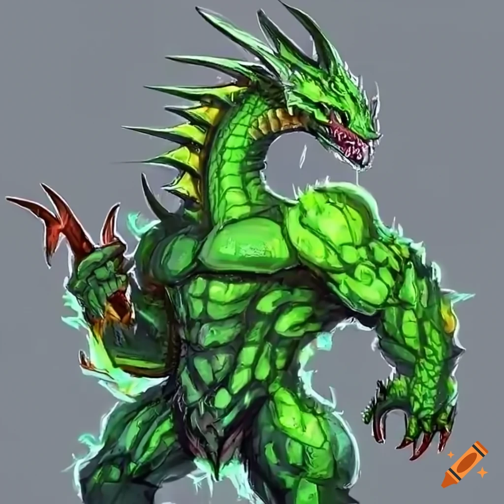 Detailed artwork of a muscular green dragon