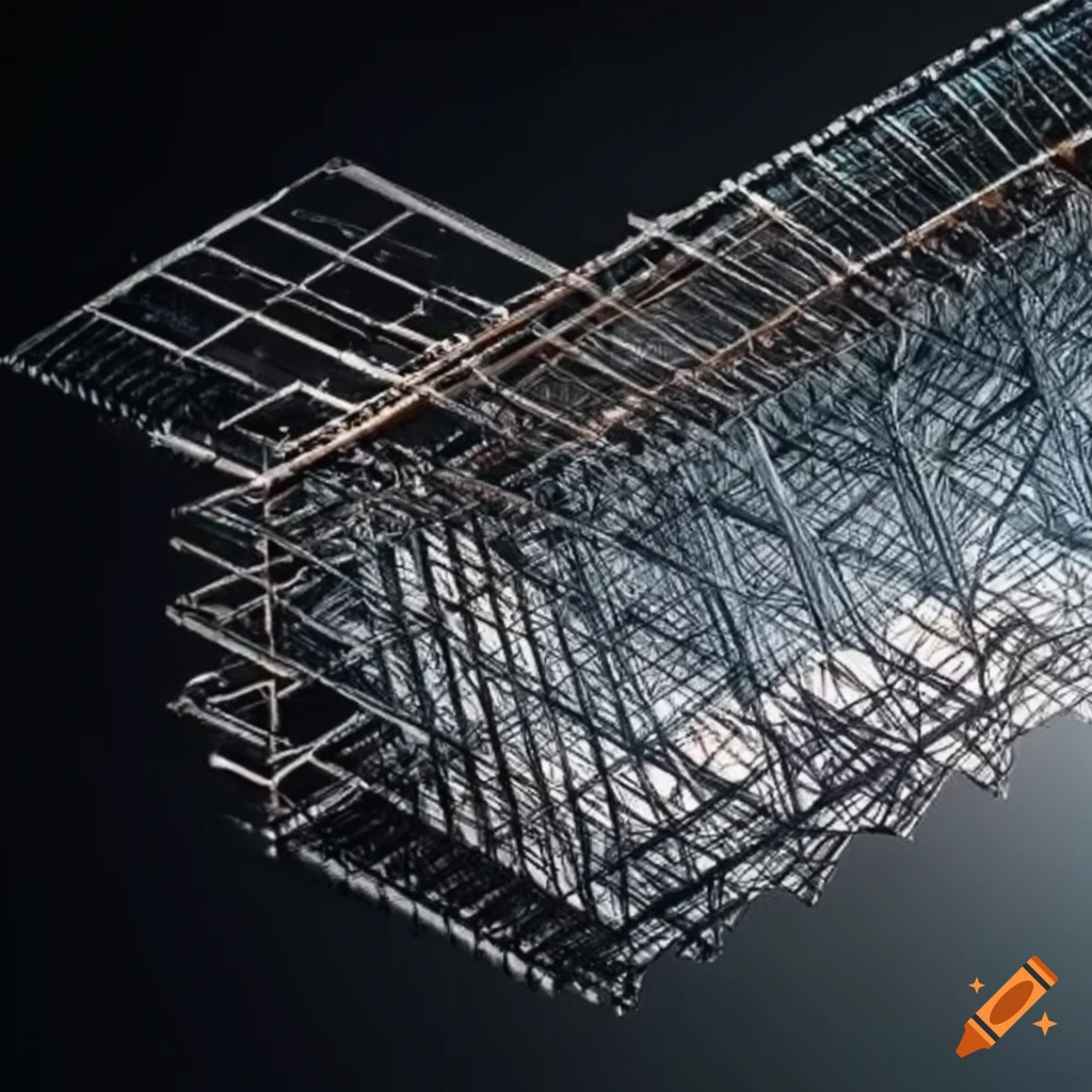 Complex metallic structure sketch with many bars