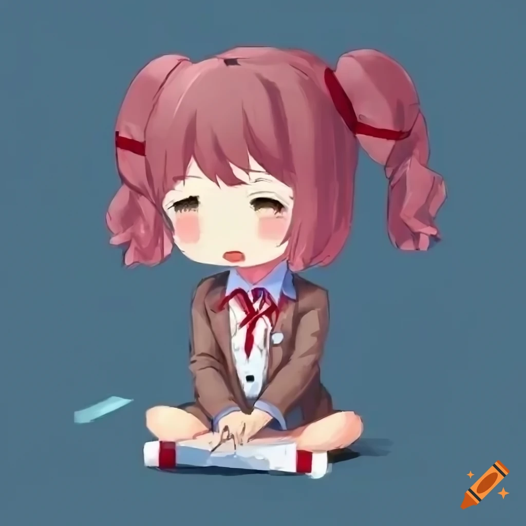 Sad natsuki sitting with a deflated posture on Craiyon