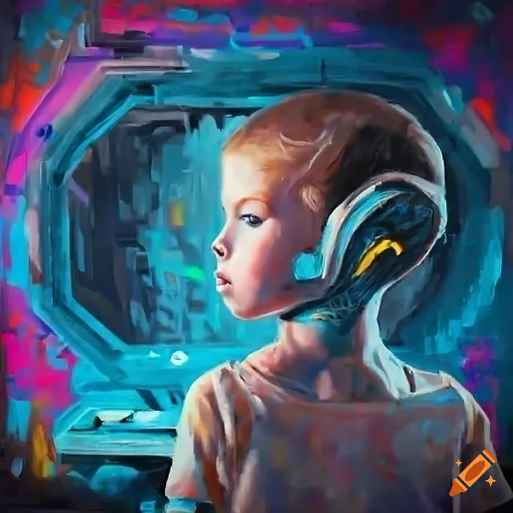 Young child coding in a futuristic graffiti-filled world on Craiyon