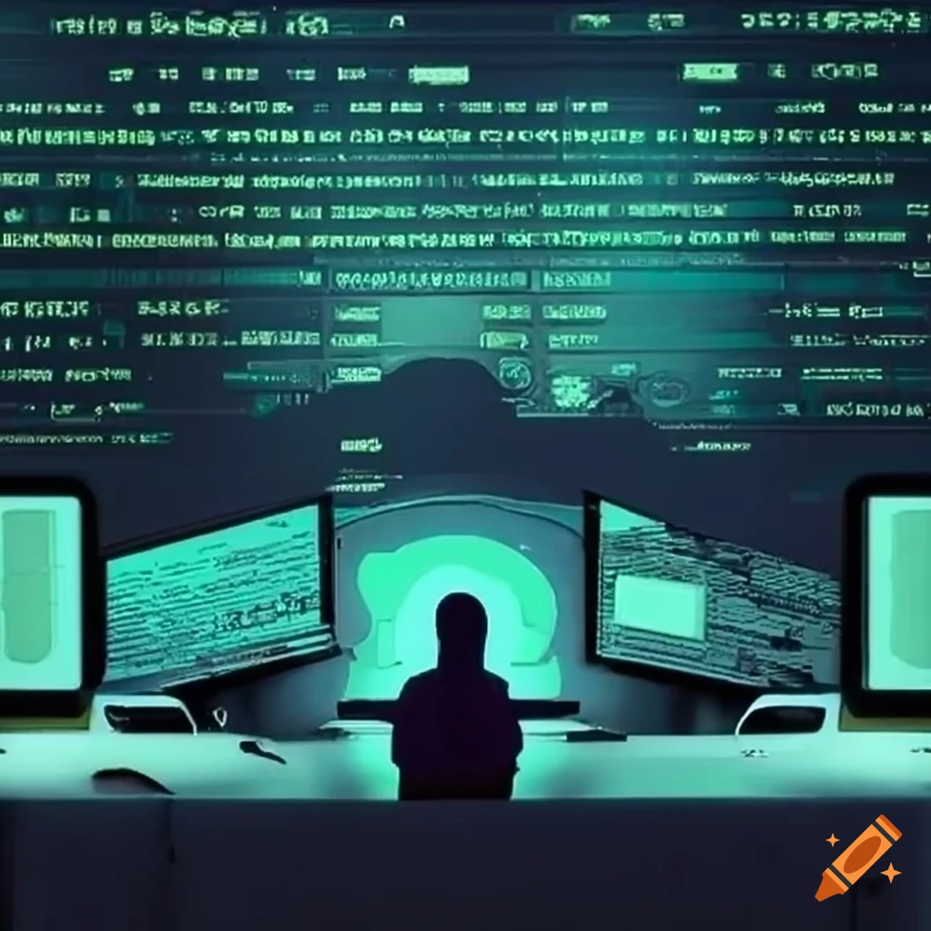 Image of a hacker coding in a dark room on Craiyon