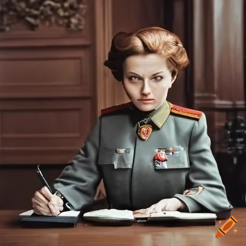 Portrait of a serious female judge in military uniform on Craiyon