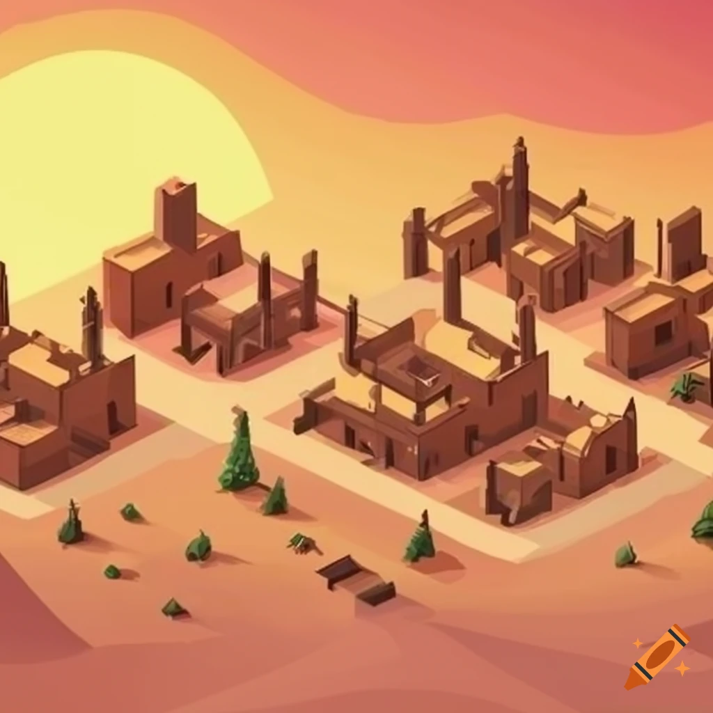 Isometric view of a cozy desert village