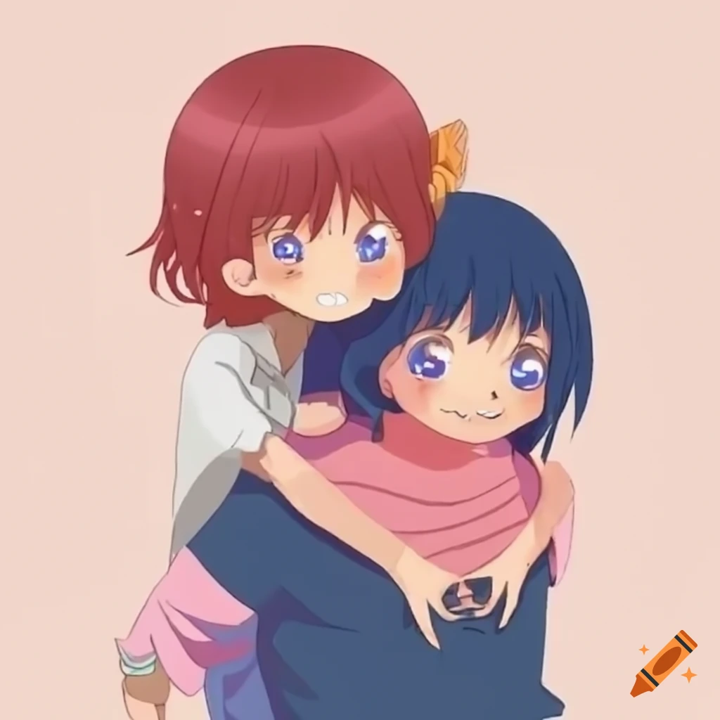 Cute anime characters piggybacking on Craiyon