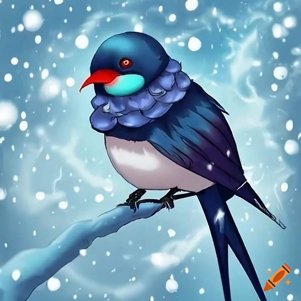 Anime style artwork of a colorful swallow bird in a snowstorm