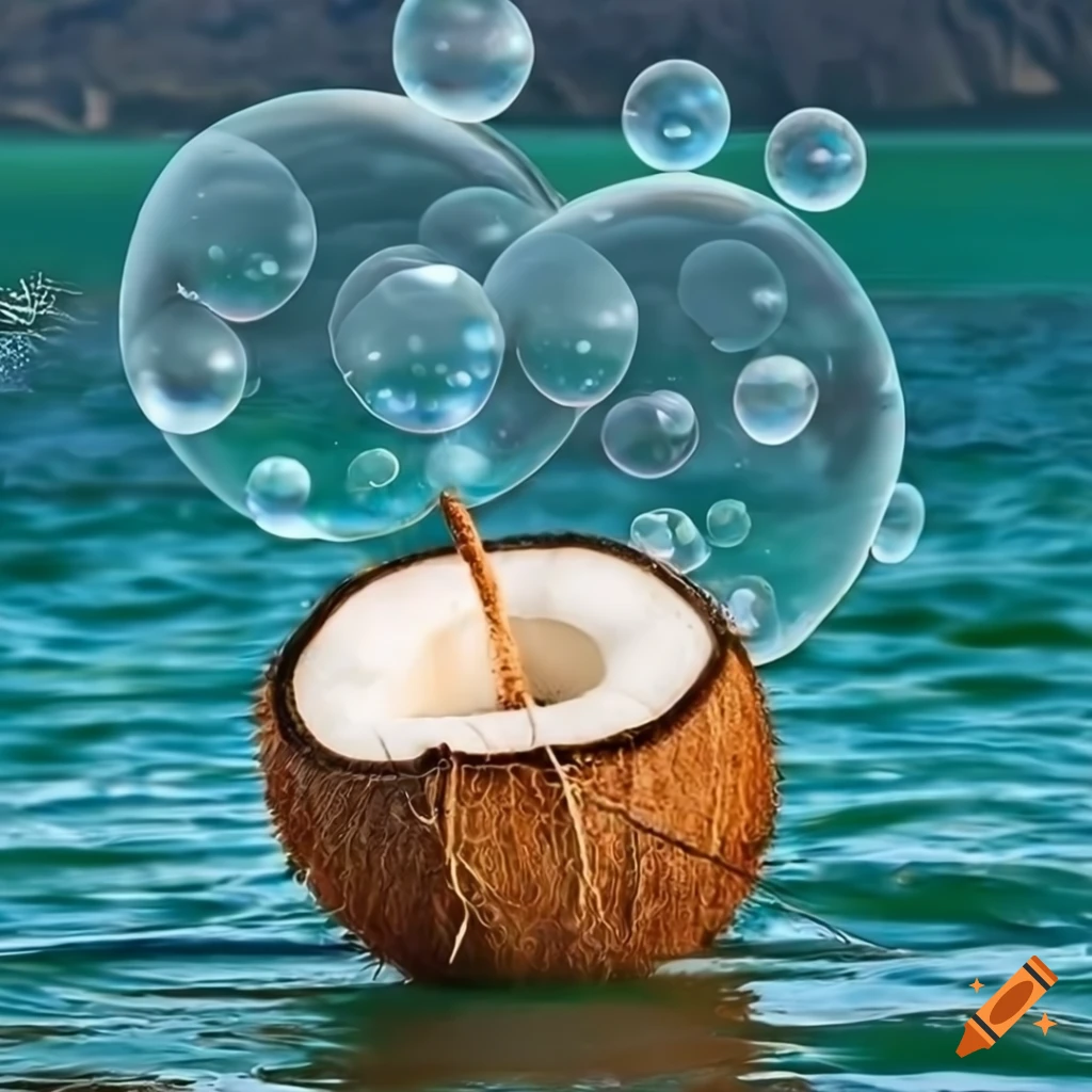 Wallpaper of a floating coconut on a bubble-filled sea