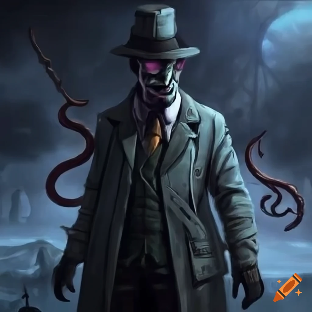Illustration of a detective in the cthulhu universe on Craiyon