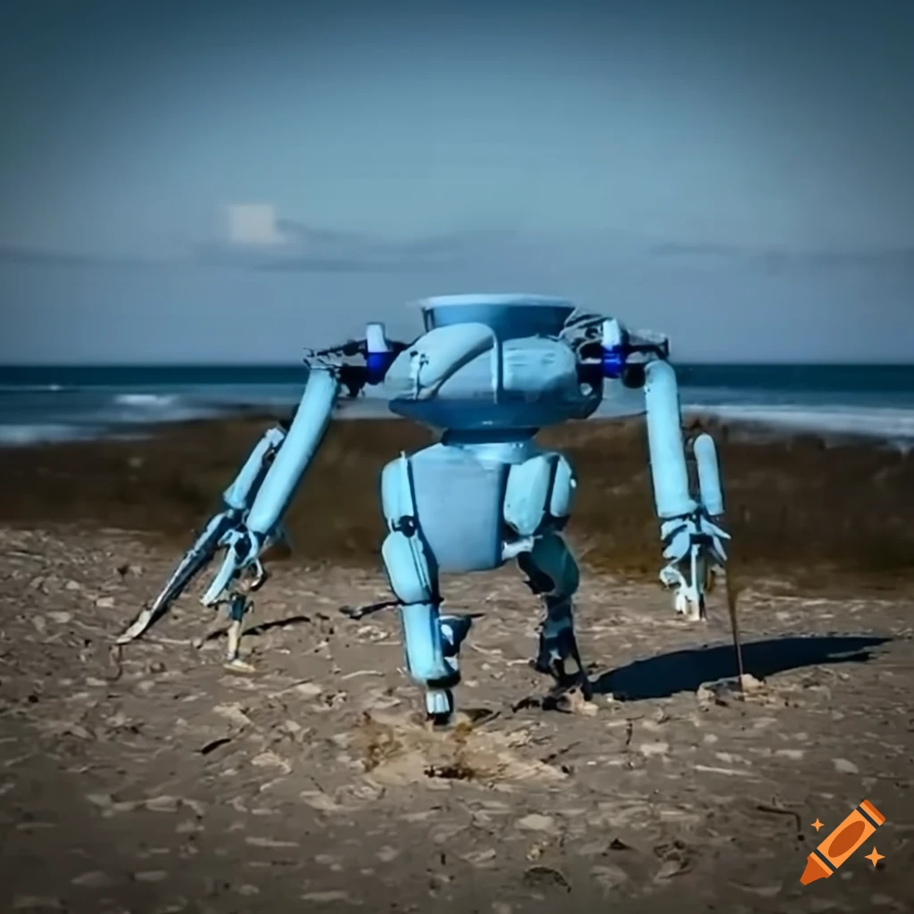 Grey and blue bipedal mech by the ocean on Craiyon