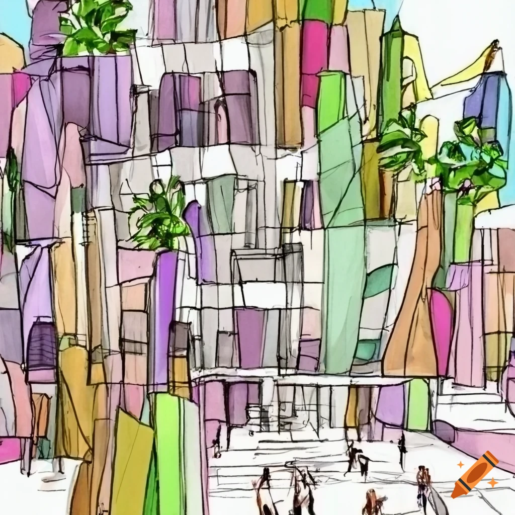 Urban sketch of a colorful future city with plants on Craiyon