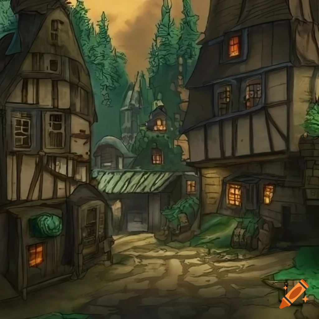 Fantasy map of a village surrounded by forest with magical elements on ...