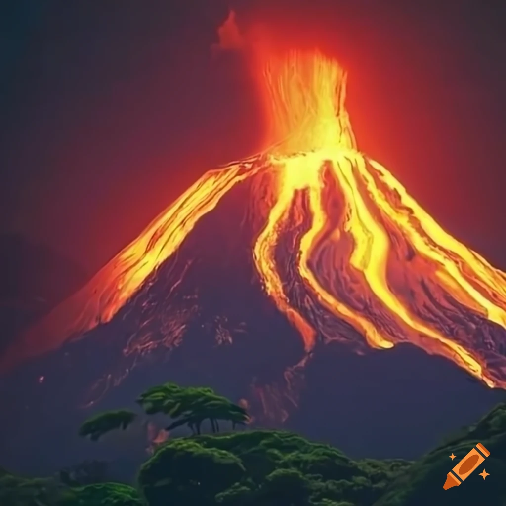 Sunny rainforest with erupting volcano