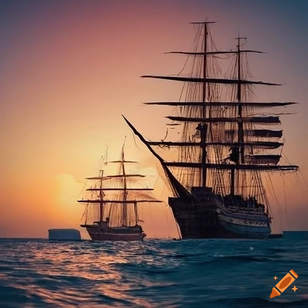 Colonial ships sailing at sunrise