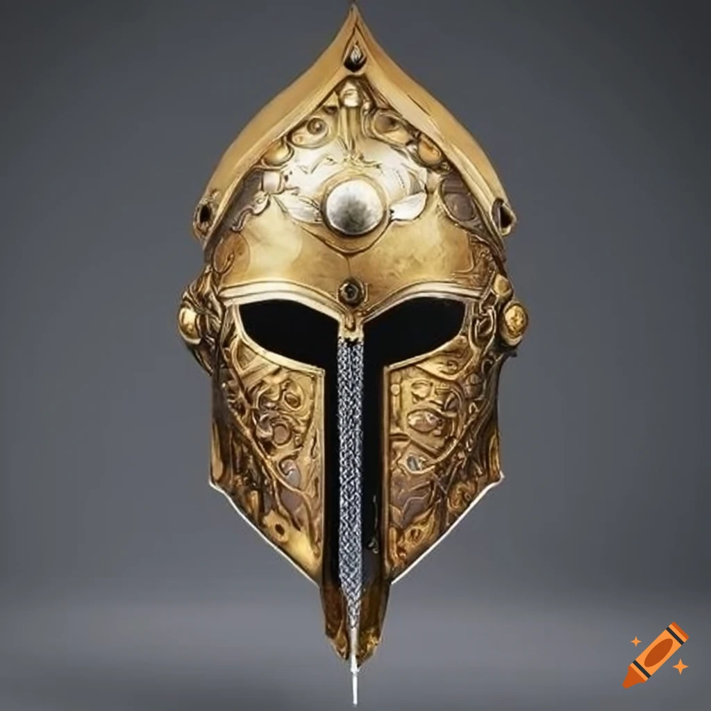 Intricate gilded steel helmet with symmetrical design on Craiyon