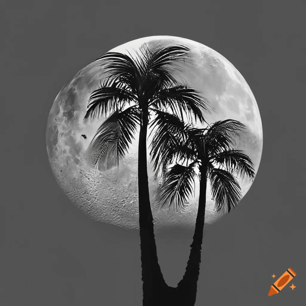 Black and white photo of palm trees under moonlight on Craiyon